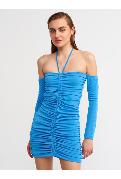 Dilvin 90323 Büzgülü Mini Elbise-Mavi