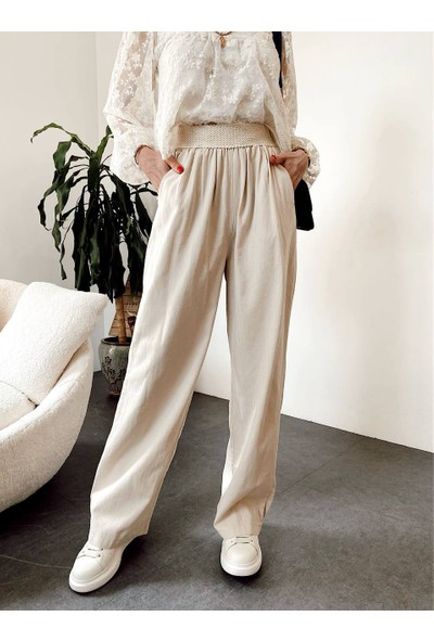 Telablanka Lastikli Plazzo Keten Pantolon