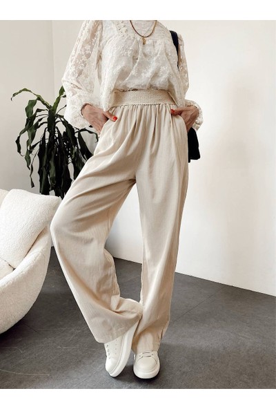 Telablanka Lastikli Plazzo Keten Pantolon
