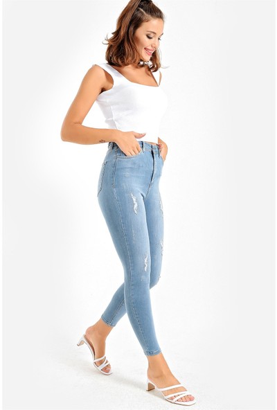 Yüksel Bel Taşlı Tarz Jean Pantolon Mavi Yüksel Bel Taşlı Tarz Jean Pantolon Mavi