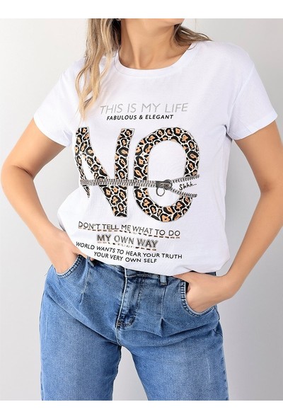 Hn Tekstil Hn Collection Beyaz Taşlı Tasarım Bayan Tişört