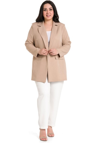 Disentis Modest Büyük Beden Mono Yaka Süs Cep Kapaklı Vizon Astarsız Kadın Ceket