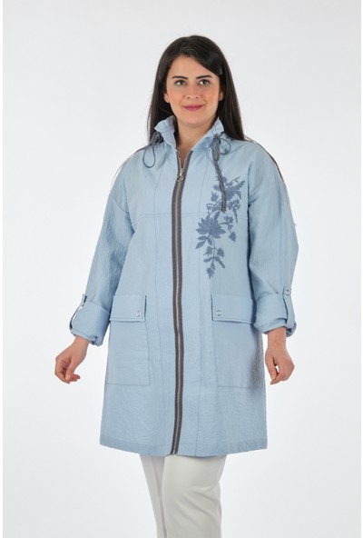 Gala-Xi Düz Yaka Nakışlı Uzun Kollu Mavi Kadın Ceket 2212401086