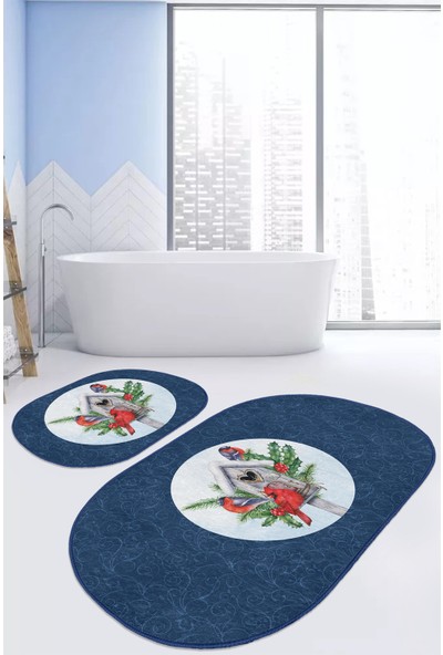 RealHomes Lacivert Zeminli Kuş Tasarımlı 2'li Elips Kaymaz Tabanlı Mutfak Paspas Takımı & Banyo Halısı Seti RealHomes Lacivert Zeminli Kuş Tasarımlı 2'li Elips Kaymaz Tabanlı Mutfak Paspas Takımı & Banyo Halısı Seti