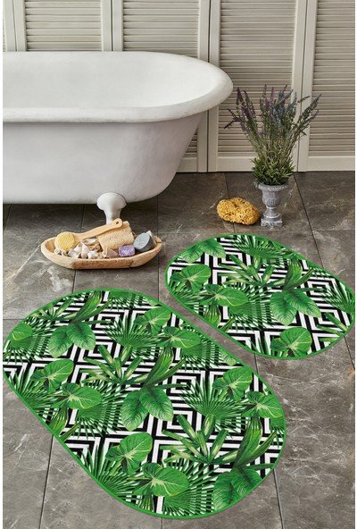 RealHomes Geometrik Zemin 3D Yaprak Tasarımlı 2'li Elips Kaymaz Tabanlı Banyo & Mutfak Paspas Takımı RealHomes Geometrik Zemin 3D Yaprak Tasarımlı 2'li Elips Kaymaz Tabanlı Banyo & Mutfak Paspas Takımı