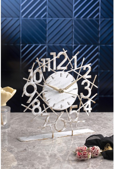 Muyika Karde Metal Beyaz Eskitme Masa Üstü Saati 25X23Cm Mms-M