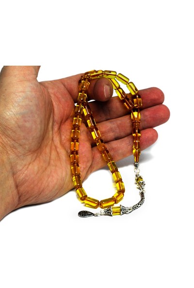 Bakcenter Şefaf Sarı Ateş Kehribar Tesbih Gümüş Püsküllü