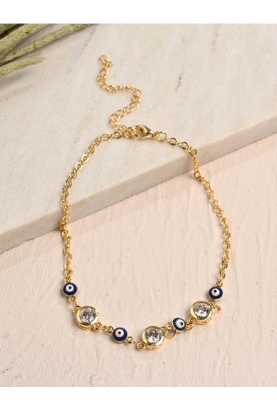 Kadın Mavi Nazar Boncuklu Taşlı Zincir Halhal