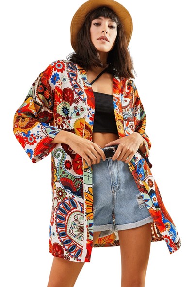 Butikburuc Kadın Orange Desenli Kimono Ceket