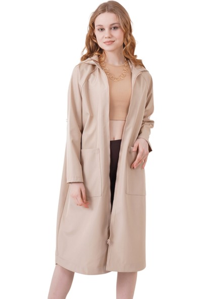 Butikburuc Kadın Bej Torba Cep Kapşonlu Trençkot