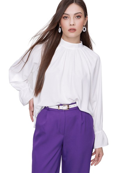 Butikburuc Kadın Ekru Yaka Büzgülü Kol Lastikli Bluz