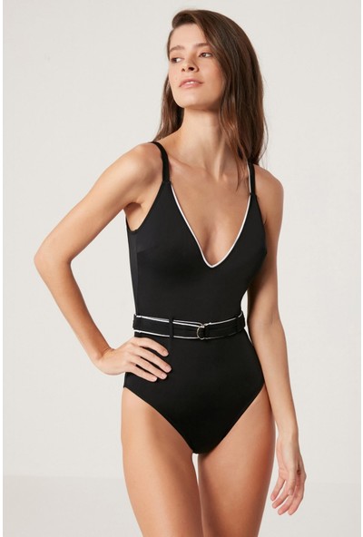 Kom Eheres Çıkarılabilir Kaplı V Yakalı Mayo Siyah