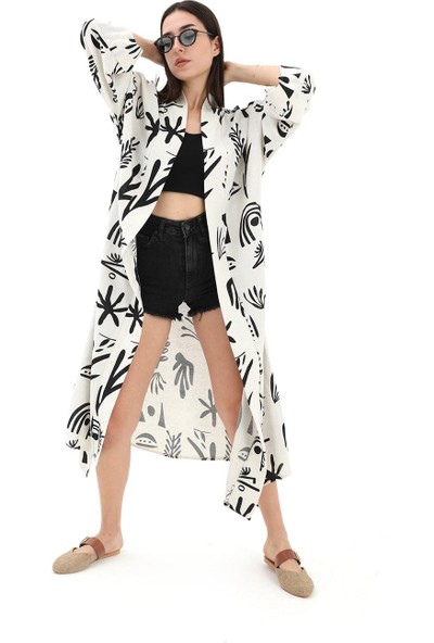 Vapur Baskılı Keten Kimono - Siyah