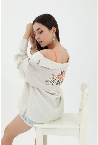 Vapur Arkası Nakışlı Keten Ceket - Taş