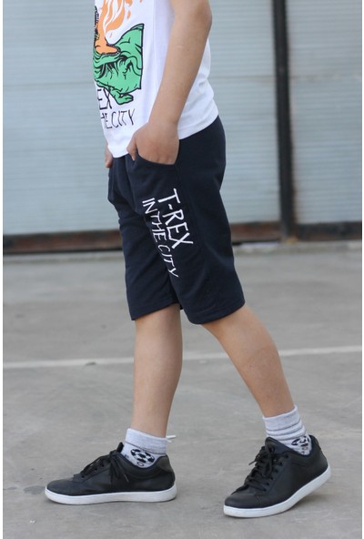 Çiggo Kids T-Rex Baskılı Cepli Siyah Erkek Çocuk Şort