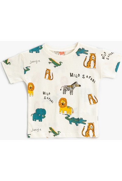 Koton Hayvan Baskılı Tişört Kısa Kollu Bisiklet Yaka Pamuklu
