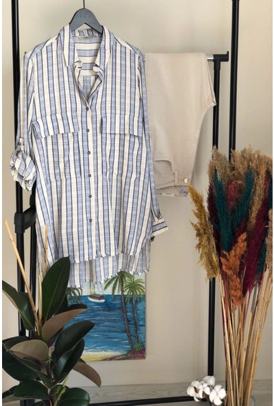 Çizgili Cepli Indigo Gömlek