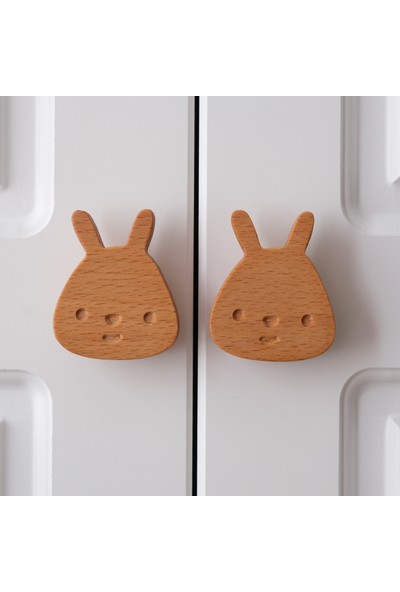 Üreet Tavşan Desenli Ahşap Dolap Çekmece Kulpu 2’li Set