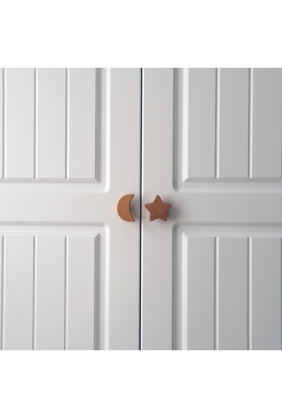 Üreet Ay - Yıldız Desenli Ahşap Dolap Çekmece Kulpu 2’li Set