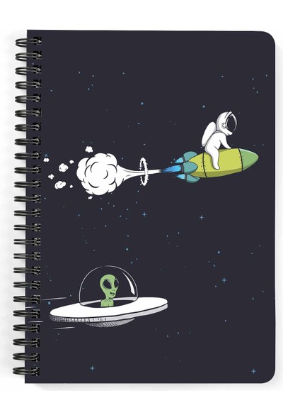 Uzaylı Astronot Baskılı Ahşap Kapaklı Defter 15X20 cm DFT5285