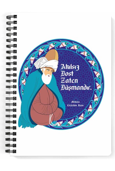 Mevlana Celaleddin Rumi Baskılı Ahşap Kapaklı Defter 15X20 cm DFT5694