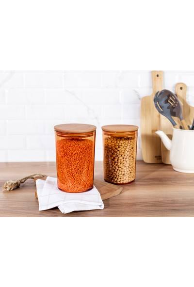 Yuviera Ahşap Kapaklı 2'li Saklama Kabı - Amber- 1500 ml