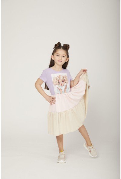 Little Star Kız Çocuk Incili Baskılı Renkli Elbise
