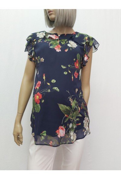Tria Çiçek Desenli Kolları Fırfırlı Yazlık Hamile Şifon Bluz