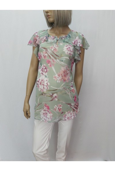 Tria Çiçek Desenli Kolları Fırfırlı Yazlık Hamile Şifon Bluz