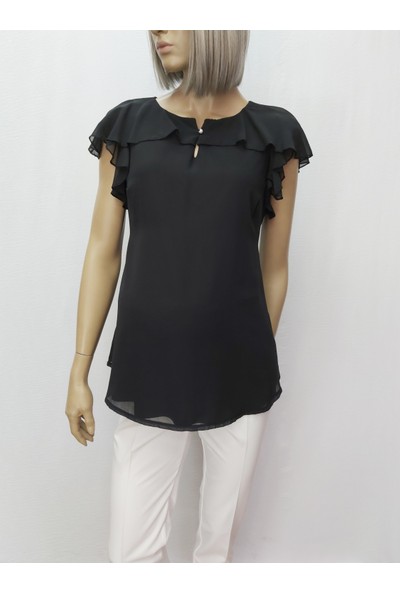 Tria Kolları Fırfırlı Inci Düğmeli Yazlık Hamile Şifon Bluz