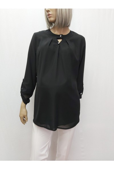 Tria Yakası Taşlı Düğmeli Yazlık Hamile Şifon Bluz