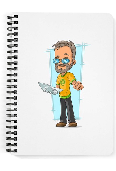 Bilgisayar Tutan Adam Baskılı Ahşap Kapaklı Defter 15X20 cm DFT1332