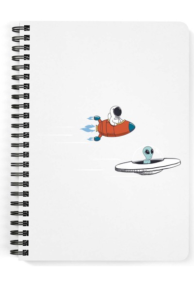 Astronot ve Uzaylı Baskılı Ahşap Kapaklı Defter 15X20 cm DFT1961