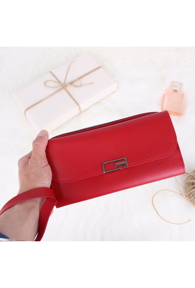 Bagacar VR720 Bayan Suni Deri Kırmızı El Portföyü ve Cüzdanı