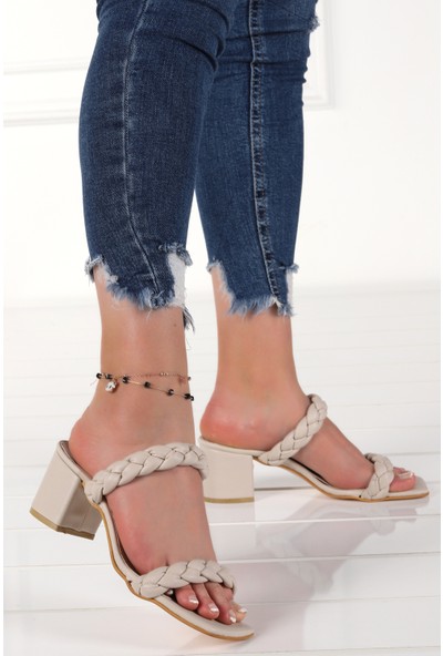 Woggo 6470-02 Cilt Günlük Örgü Desen 5 cm Topuk Kadın Terlik Bej