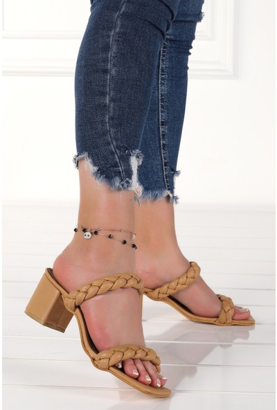 Woggo 6470-02 Cilt Günlük Örgü Desen 5 cm Topuk Kadın Terlik Ten