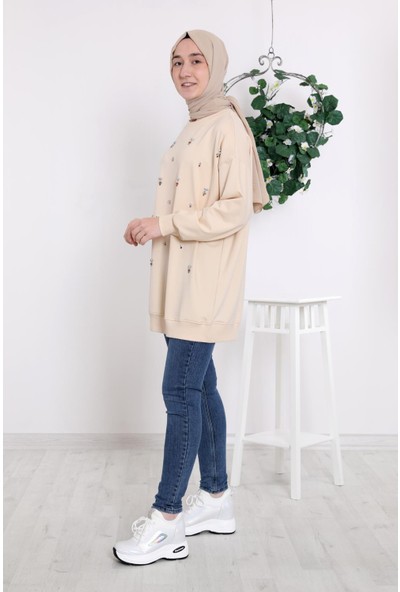 İkoll Nisaca Taş Detaylı Tesettür Tunik Açık Bej