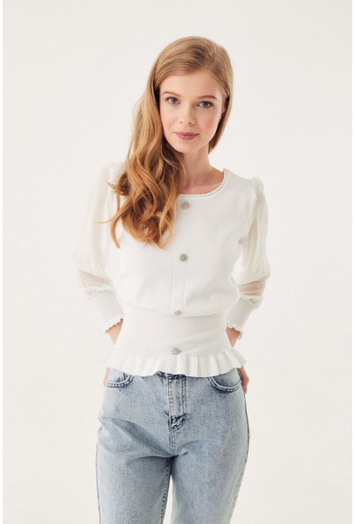Beli Gipeli Düğme Detaylı Şifon Bluz Beli Gipeli Düğme Detaylı Şifon Bluz