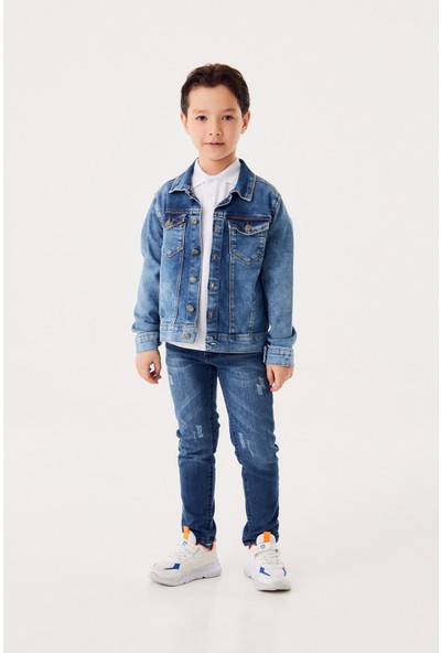 FullaModa Eskitme Görünümlü Çocuk Kot Ceket