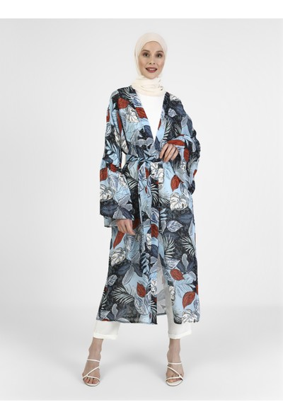 Refka Ispanyol Kol Viskon Şifon Ferace - Mavi Çiçek Desenli - Refka Casual