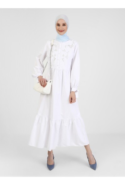 Refka Pamuk Kumaşlı Nakış Detaylı Elbise - Off White - Refka Woman Refka Pamuk Kumaşlı Nakış Detaylı Elbise - Off White - Refka Woman