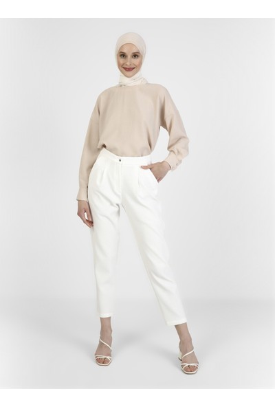 Refka Pile Detaylı Pantolon - Off White - Refka Casual