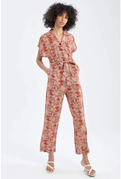 DeFacto Desenli Gömlek Yaka Kısa Kol Kuşaklı Midi Tulum U4403AZ22SM