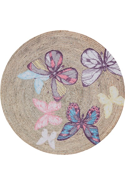Eyüp Halı PR43 Rengarenk Kelebekler Desenli Örme Doğal Hasır Halı