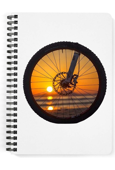 Bisiklet Tekerinde Gün Batımı Baskılı Ahşap Kapaklı Defter 15X20 cm DFT840