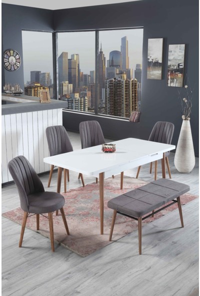 Morkese Aksu Serisi Düz Beyaz Açılır Yemek ve Mutfak Masa Takımı 4 Sandalye 1 Bench - Gri Morkese Aksu Serisi Düz Beyaz Açılır Yemek ve Mutfak Masa Takımı 4 Sandalye 1 Bench - Gri