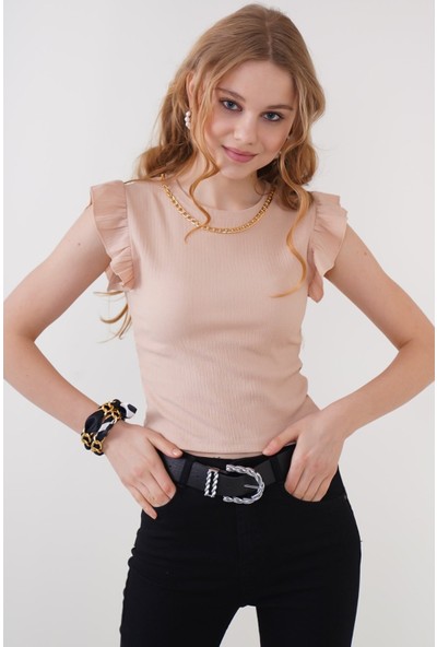 Ette Kadın Yaka Zincir Detaylı Bluz Bej 10079