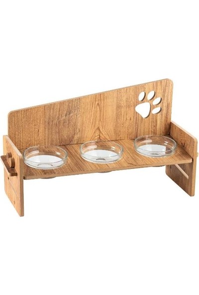 Odun Concept 10 cm Cam Kaseli 3lü Yükseklik Ayarlı Kedi ve Küçük Irk Köpek Mama ve Su Kabı - Level