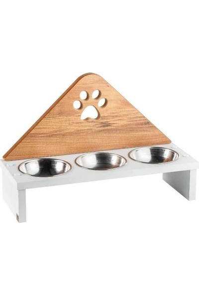 Odun Concept 3'lü Çelik Kaseli Ahşap Kedi Mama ve Su Kabı - Ahşap Başlıklı Beyaz