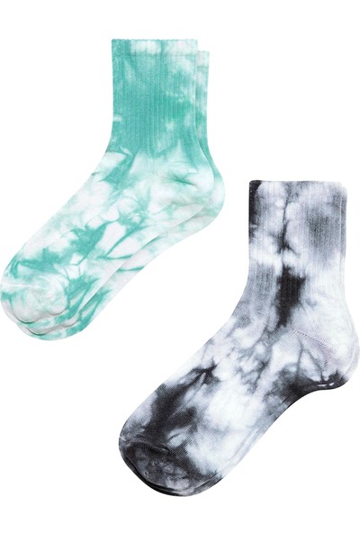Unlimited Legwear 2li Siyah ve Turkuaz Batik Kadın Tenis Çorap